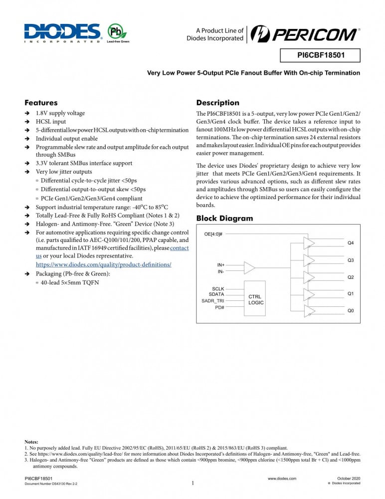 PI6CBF18501 datasheet page 1