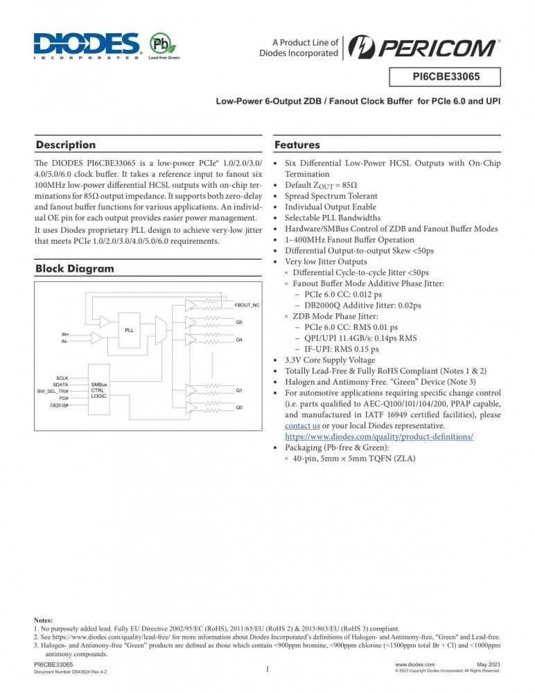 PI6CBE33065 datasheet page 1