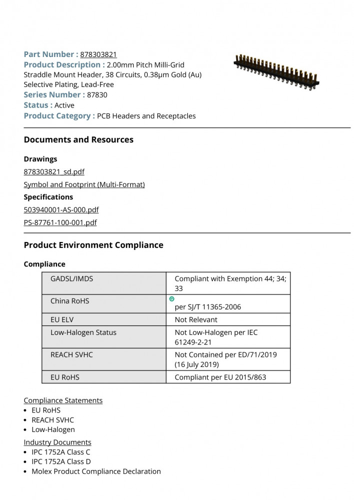 MOLEX 878303821 technical document, page 1