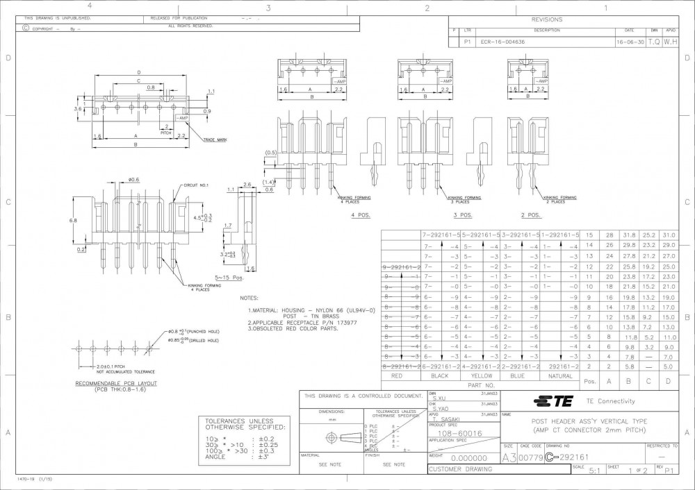 TE Connectivity 292161-5 technical drawing page 1