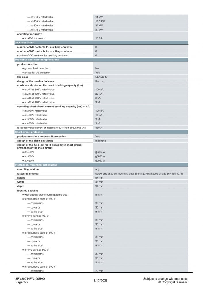 SIEMENS 3RV20214FA100BA0 technical document page 2