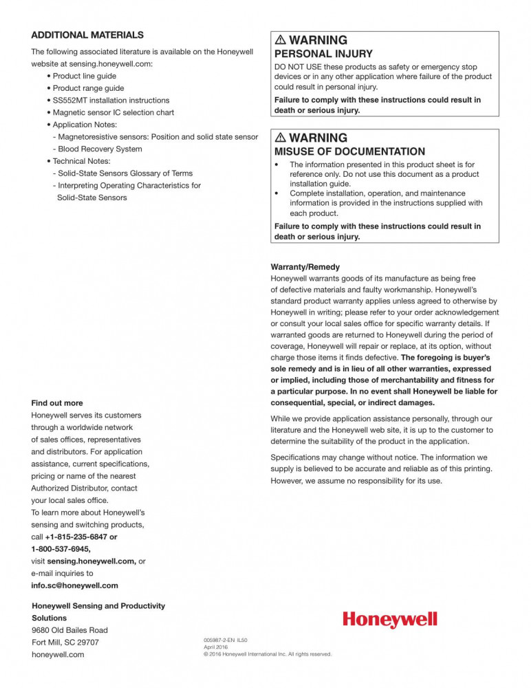 Honeywell 2SS52M-S datasheet page 7