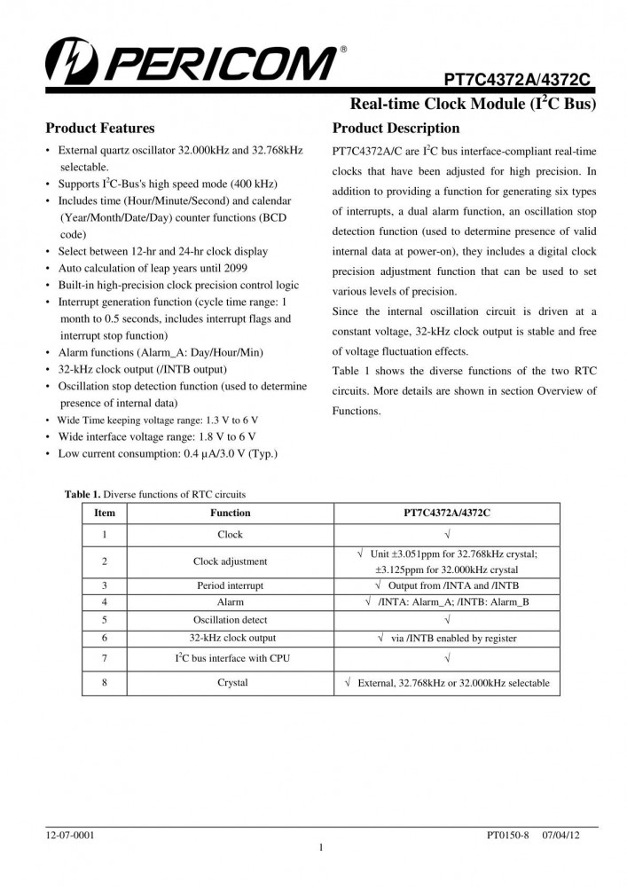 PT7C4372ALEX datasheet page 1