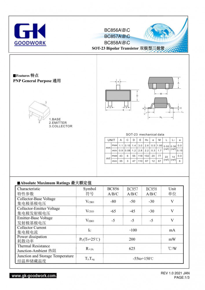 GOODWORK BC856A datasheet page 1