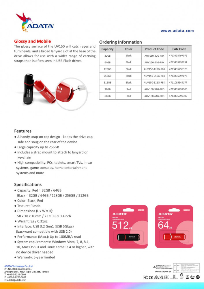 ADATA UV150 product documentation page 2