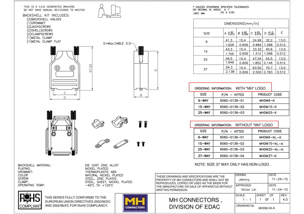 MH CONNECTORS MHDM series backshell drawing