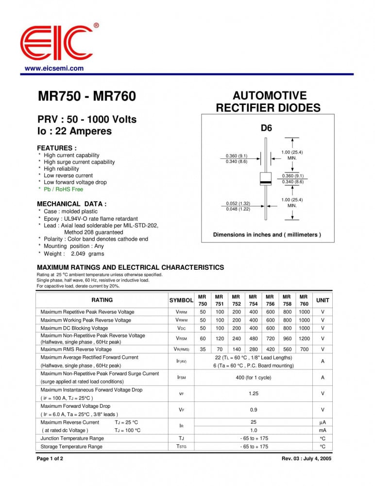 EIC MR760 datasheet page 1