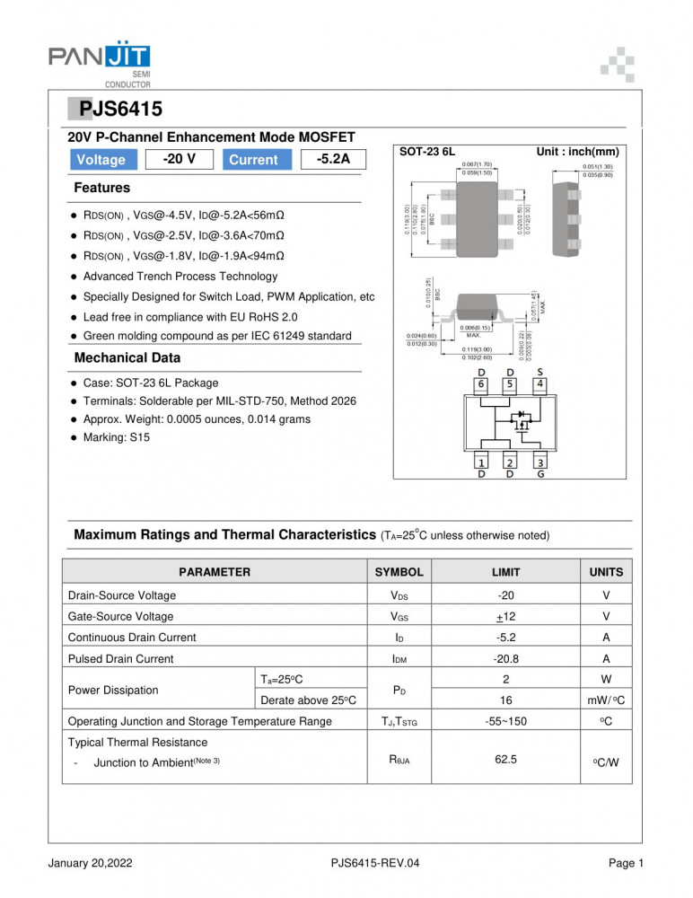 PJS6415 datasheet page 1