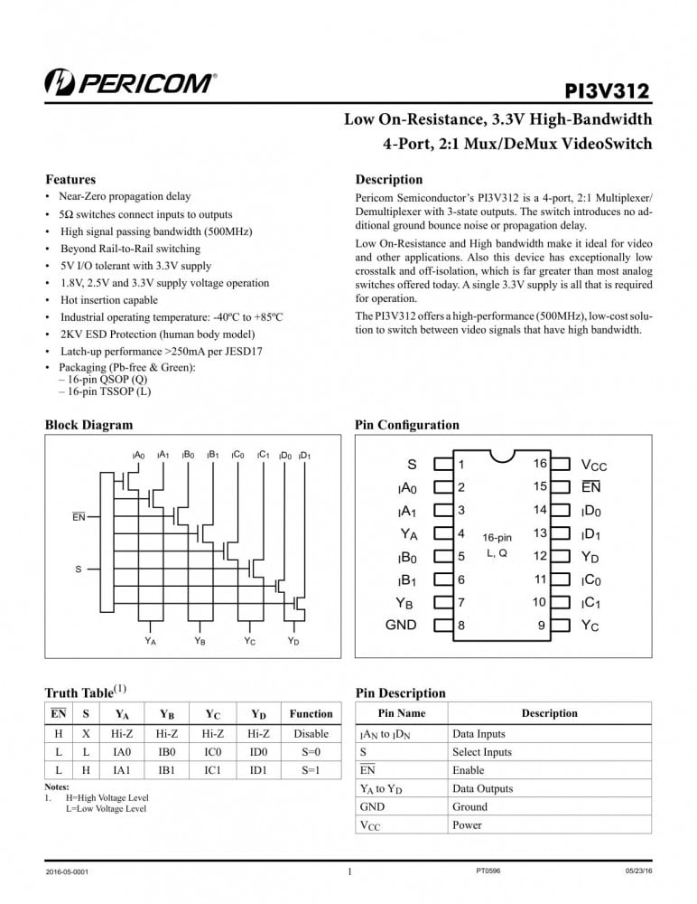 PI3V312LEX datasheet page 1