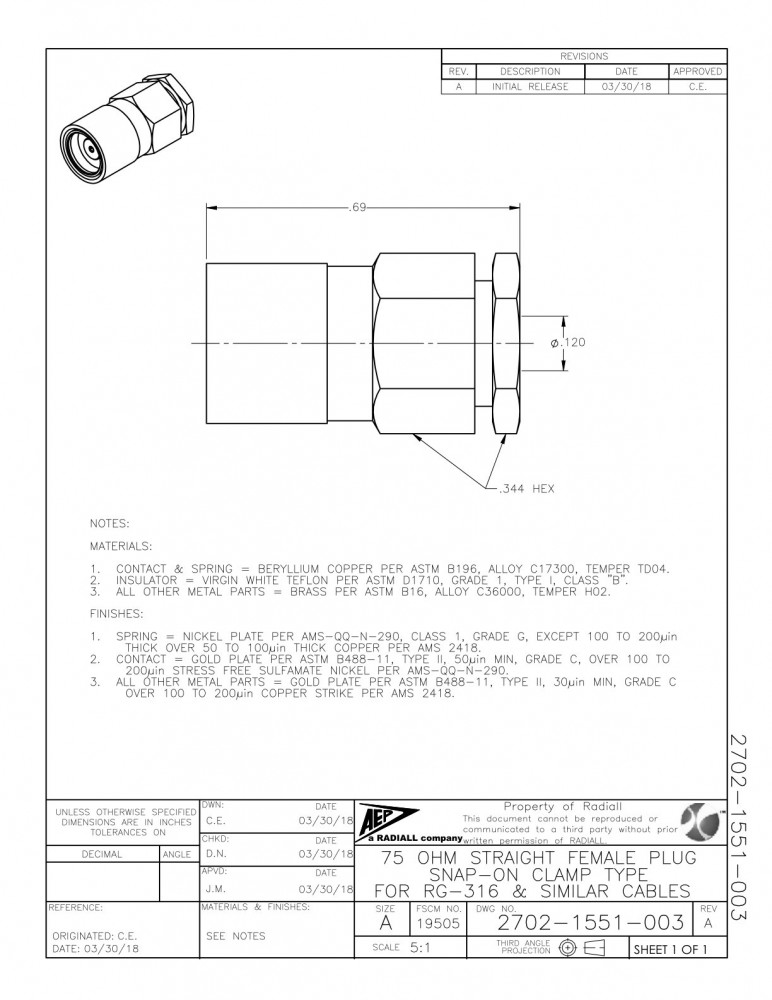 Radiall 2702-1551-003 product drawing preview