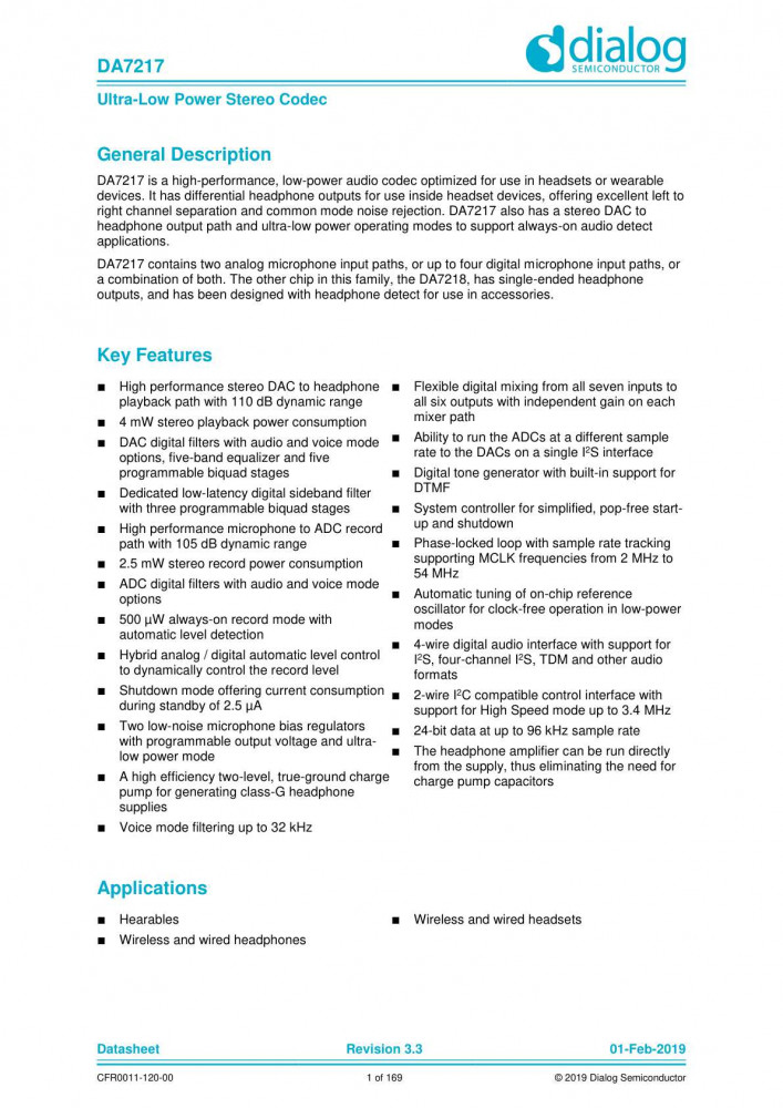 DA7217 technical document page 1