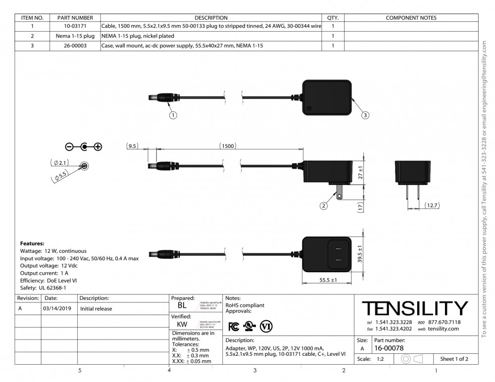 Tensility 16-00078 adapter specification drawing, page 1