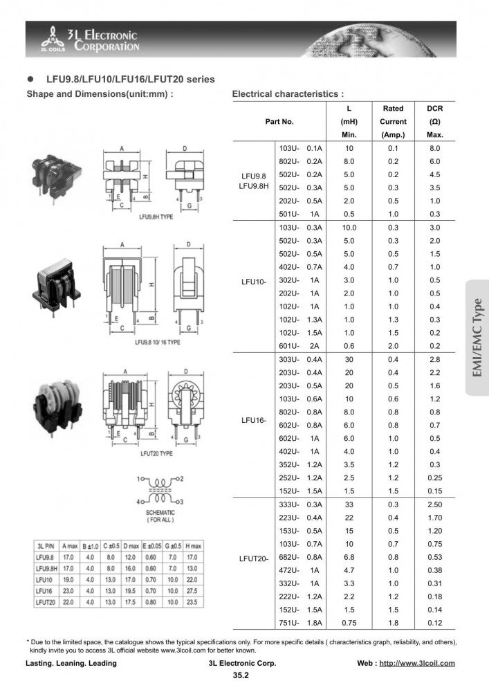 3L COILS LFU series shape and dimensions document page