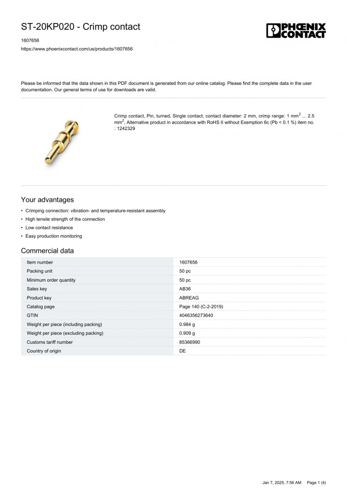 Phoenix Contact 1607656 technical document page 1