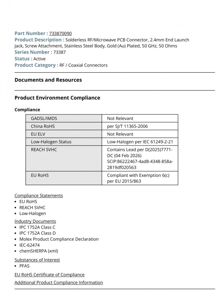 Technical document page 1 for Molex 733870090