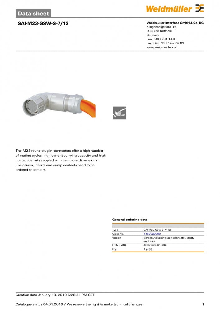WEIDMULLER 1169920000 documentation page 1