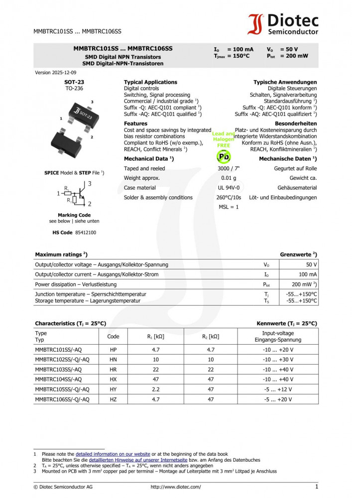 DIOTEC MMBTRC101SS to MMBTRC106SS datasheet page 1