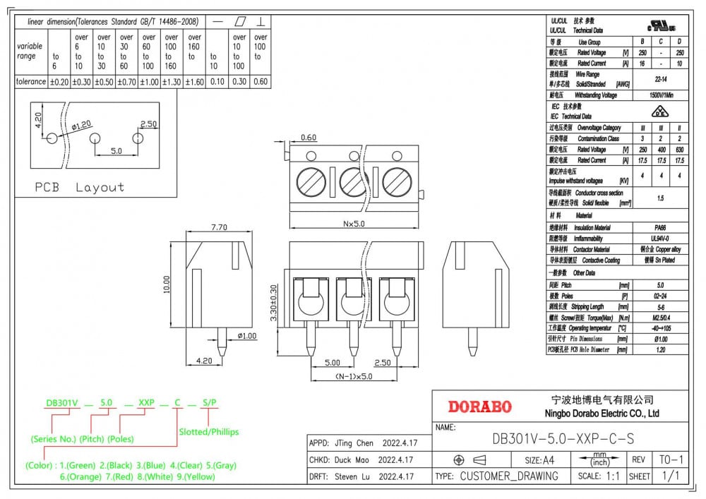 DORABO DB301V-5.0-2P-GN-S technical document page