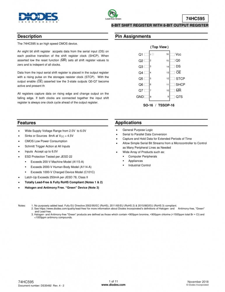 74HC595T16-13 datasheet page 1