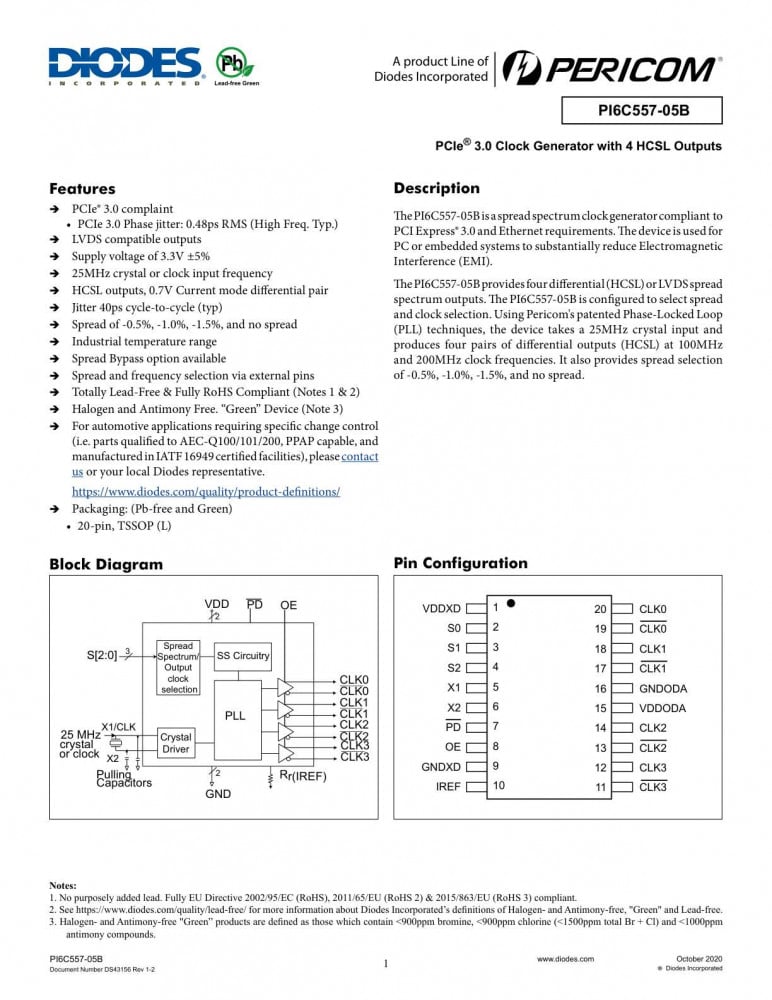 PI6C557-05BLE datasheet page 1