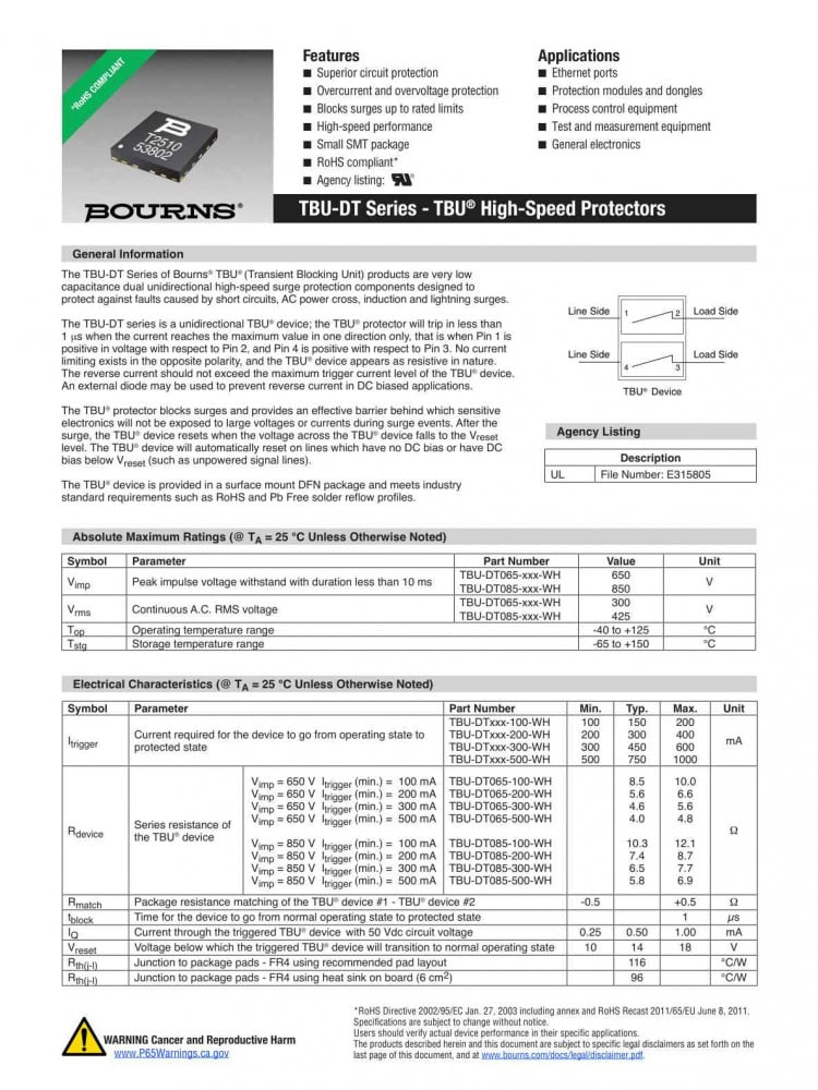 Bourns TBU-DT series datasheet page 1