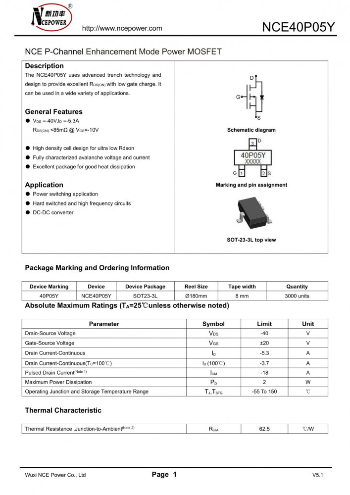 NCE40P05Y datasheet page 1