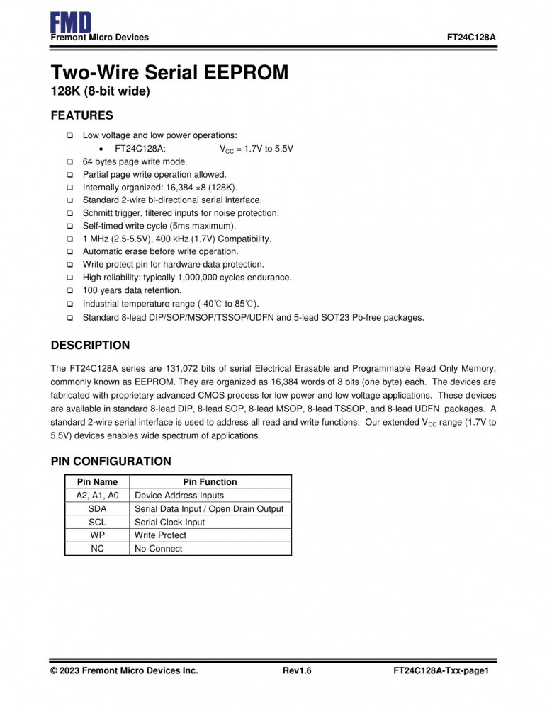FT24C128A datasheet page 1