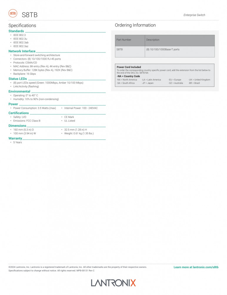 S8TB product document, page 2