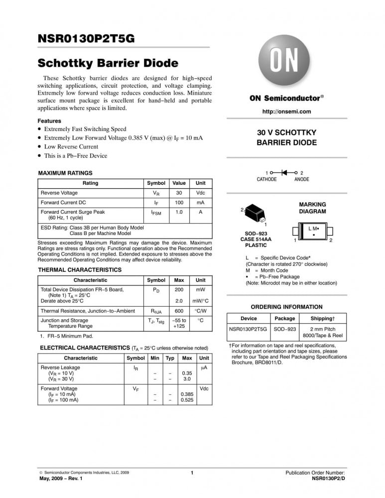 NSR0130P2T5G technical document page 1