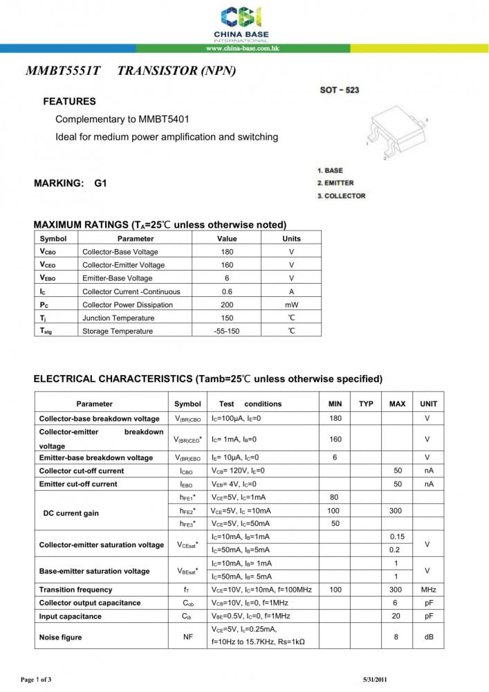 MMBT5551T datasheet page 1