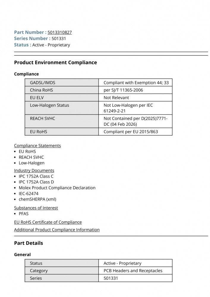 MOLEX 5013310827 technical document page 1