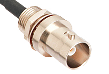 BNC Jack, Right-Angle, Bulkhead Receptacle, PCB, Die Cast Body, Bright Tin (Sn) Plated, Low Profile, Housing Height 8.69mm, Nut and Lockwasher Not Included, Tray, 75 Ohms