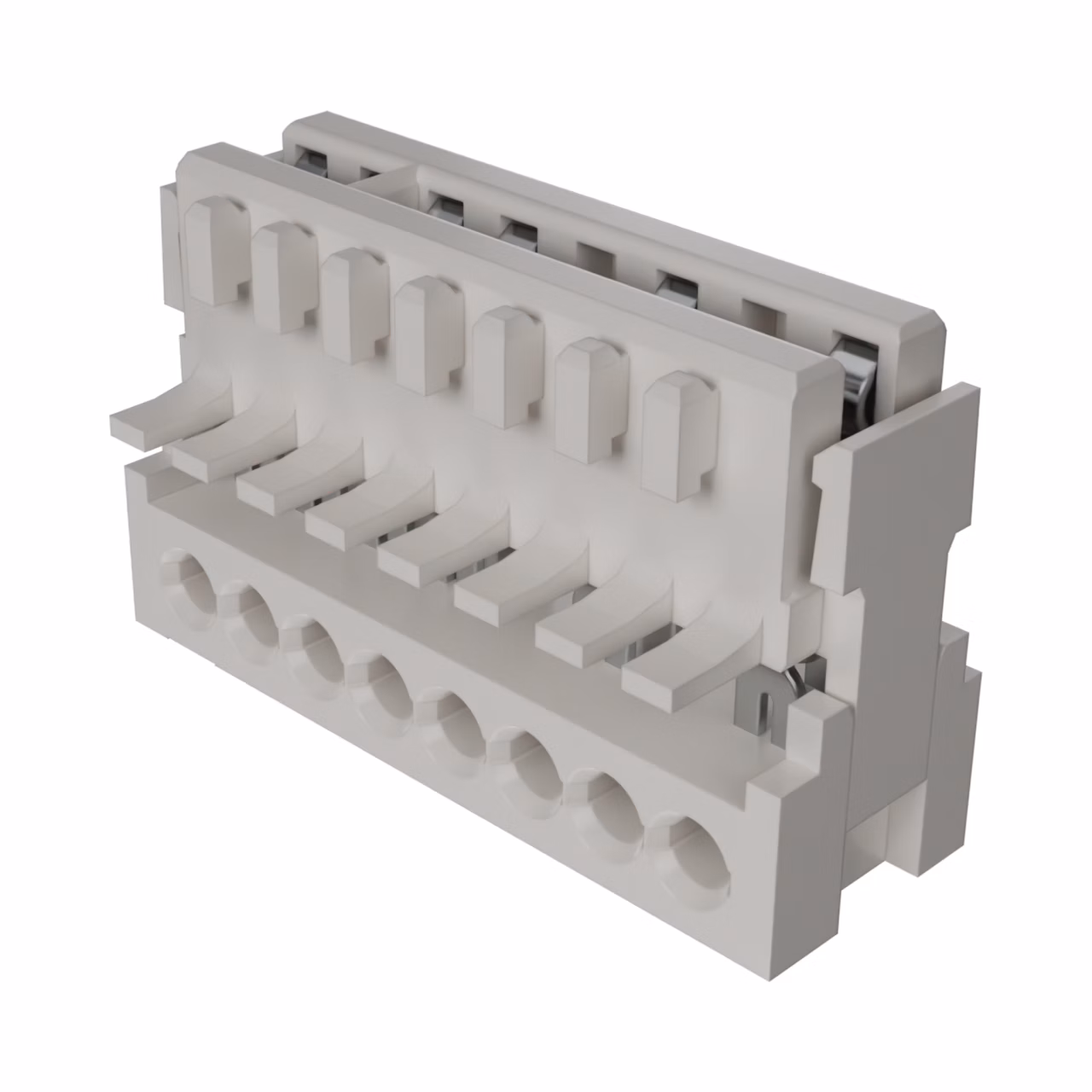 Appli-Mate RAST 2.5 IDT Housing, 2.50mm Pitch, with Side Latches, Female, 8 Circuits, Position Keys A & I Removed, Polarizing Rib Between 2/3, Voided Circuits 5 & 7, Brown Color Stripe for sale