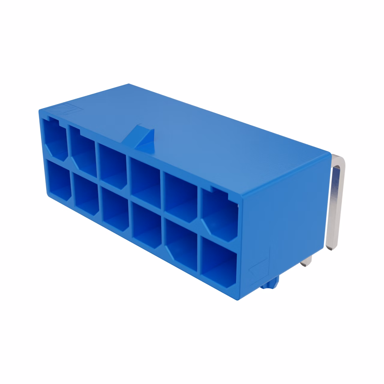 Mega-Fit ColorLock Right-Angle Header, 5.70mm Pitch, Through Hole, Dual Row, 12 Circuits, Matte Tin (Sn) Plating, 3.60mm Tail Length, Glow-Wire Capable, Tray, Blue for sale