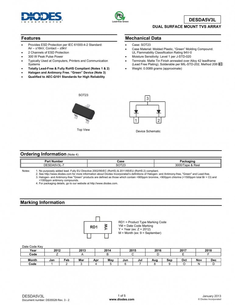 DESDA5V3L-7 datasheet page 1