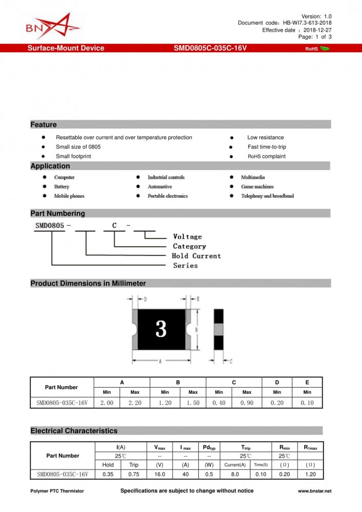 BNstar SMD0805-035C-16V datasheet page 1
