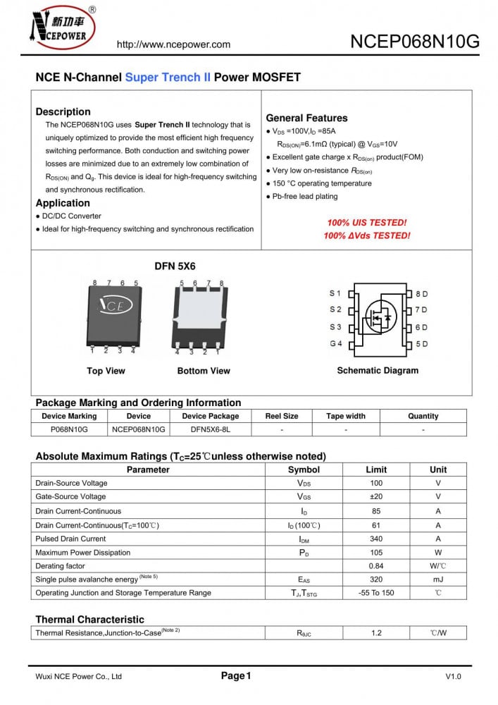 NCEP068N10G datasheet page 1