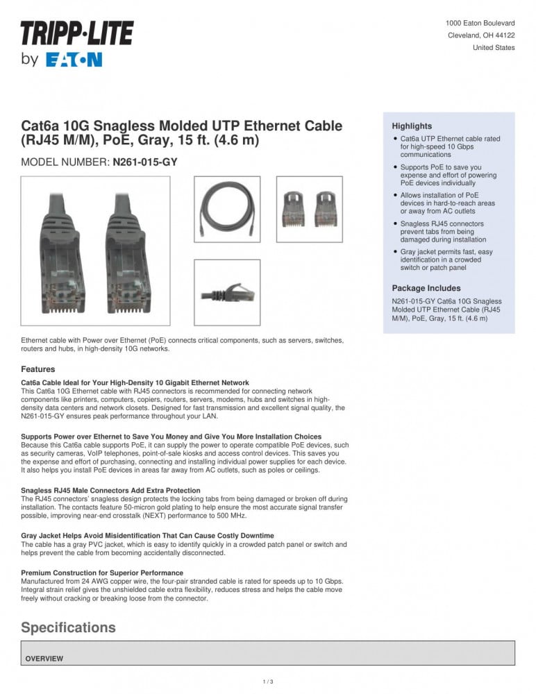 EATON N261-015-GY technical document page 1