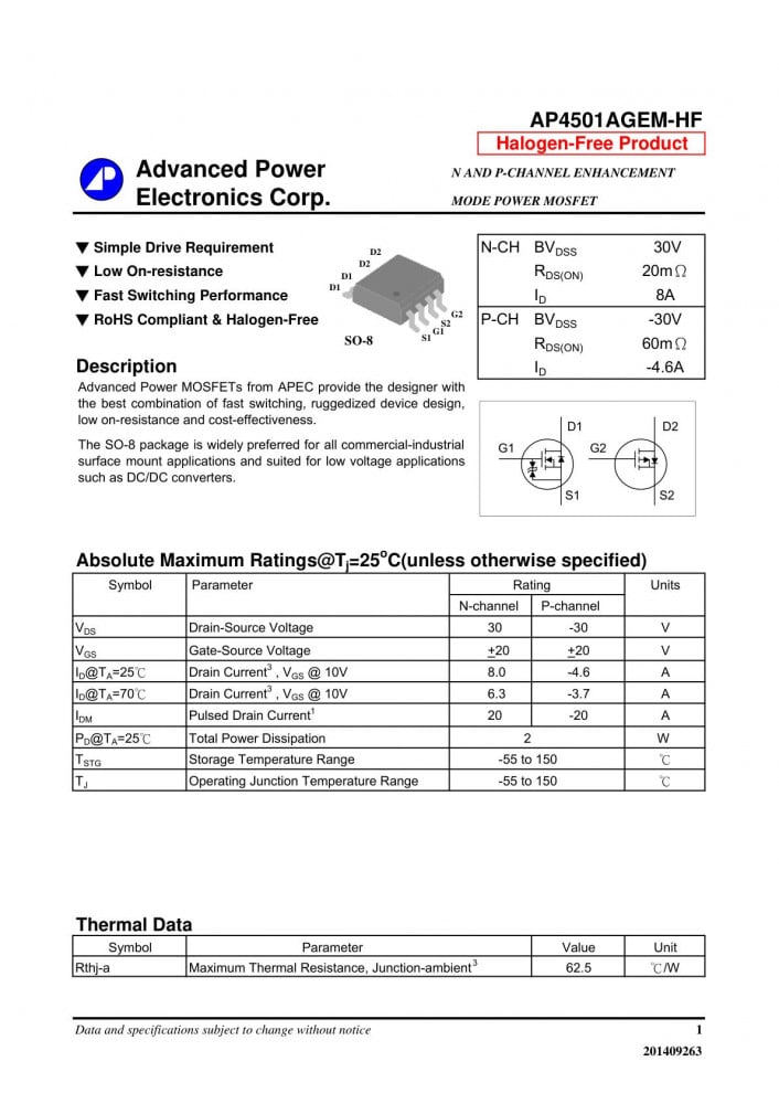 AP4501AGEM datasheet page 1