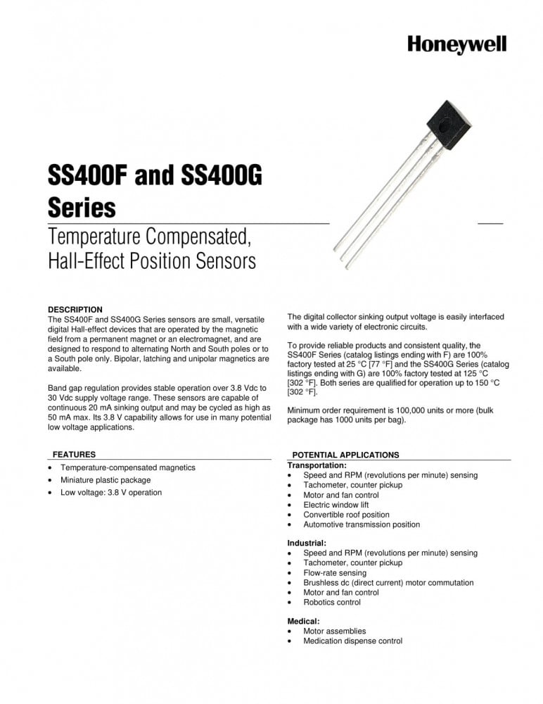 Honeywell SS400F and SS400G series datasheet page 1