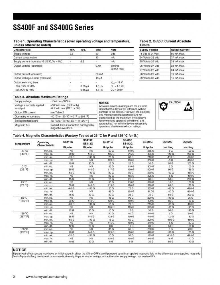 Honeywell SS400F and SS400G series datasheet page 2