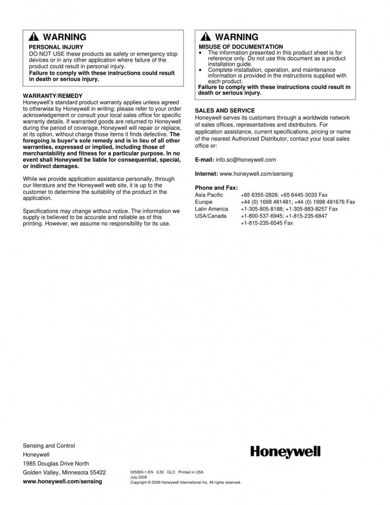 Honeywell SS400F and SS400G series datasheet page 6