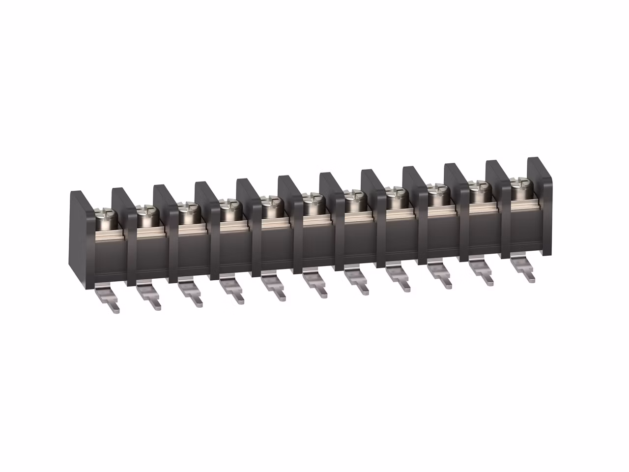 11.10mm Pitch, Dual Row, Dual-Barrier Terminal Strip, with Mounting Ends, Black, Steel Screws, 10 Circuits