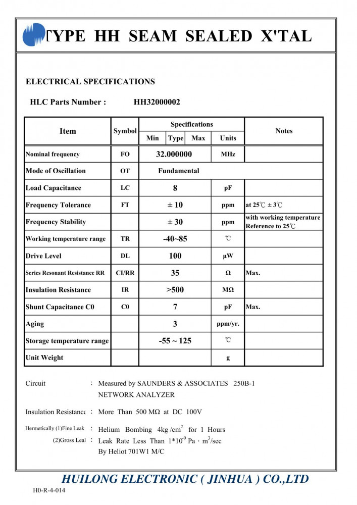 HH32000002 electrical specifications