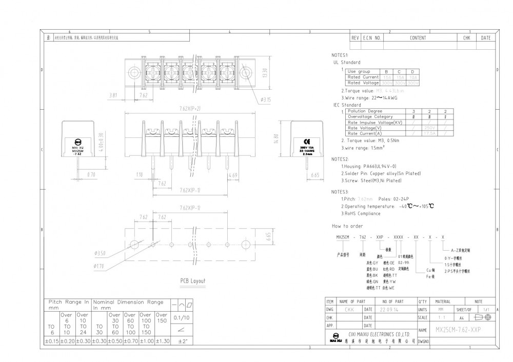 MAX MX25CM-7.62 series technical drawing