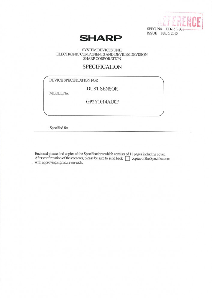GP2Y1014AU0F specification page 1
