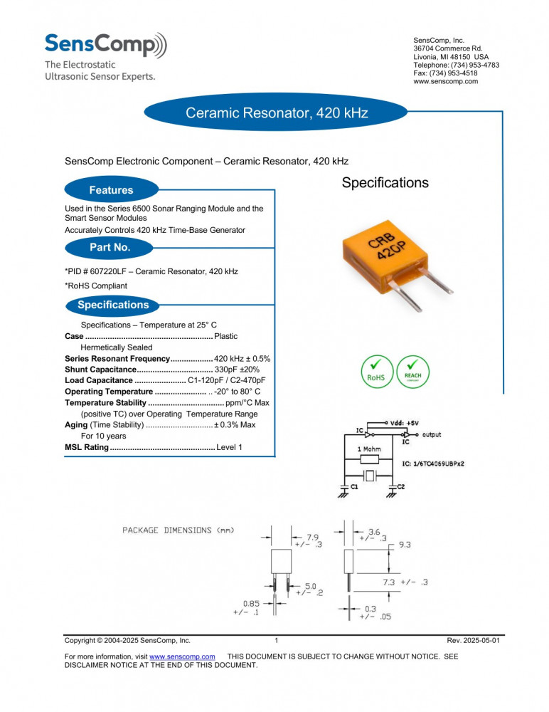 607220LF product specification sheet, page 1