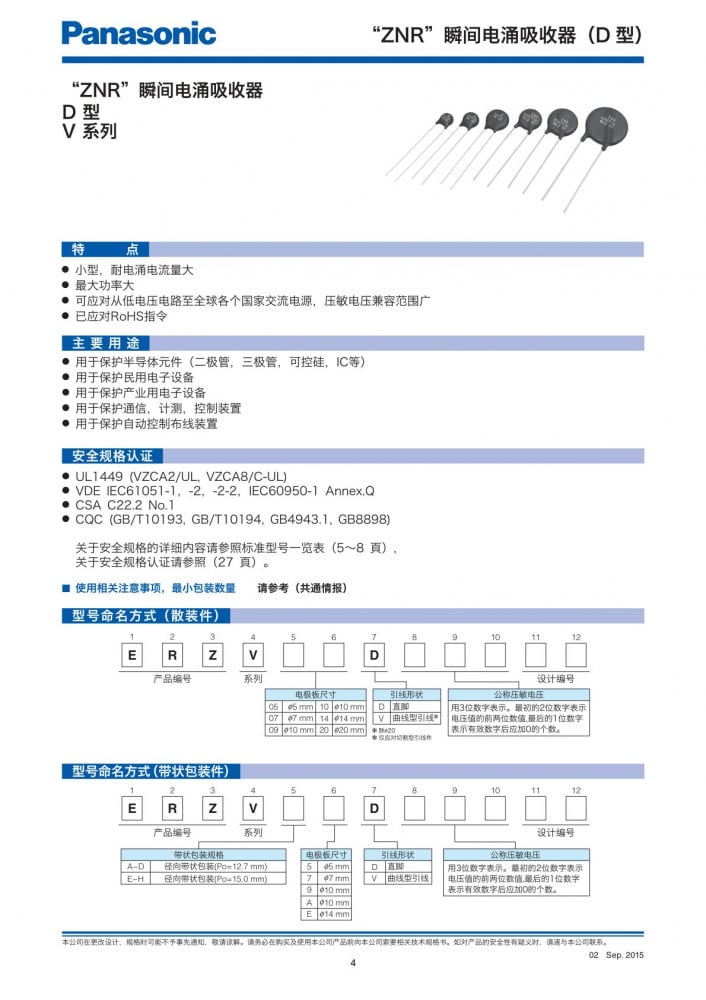 Panasonic ZNR datasheet page 1