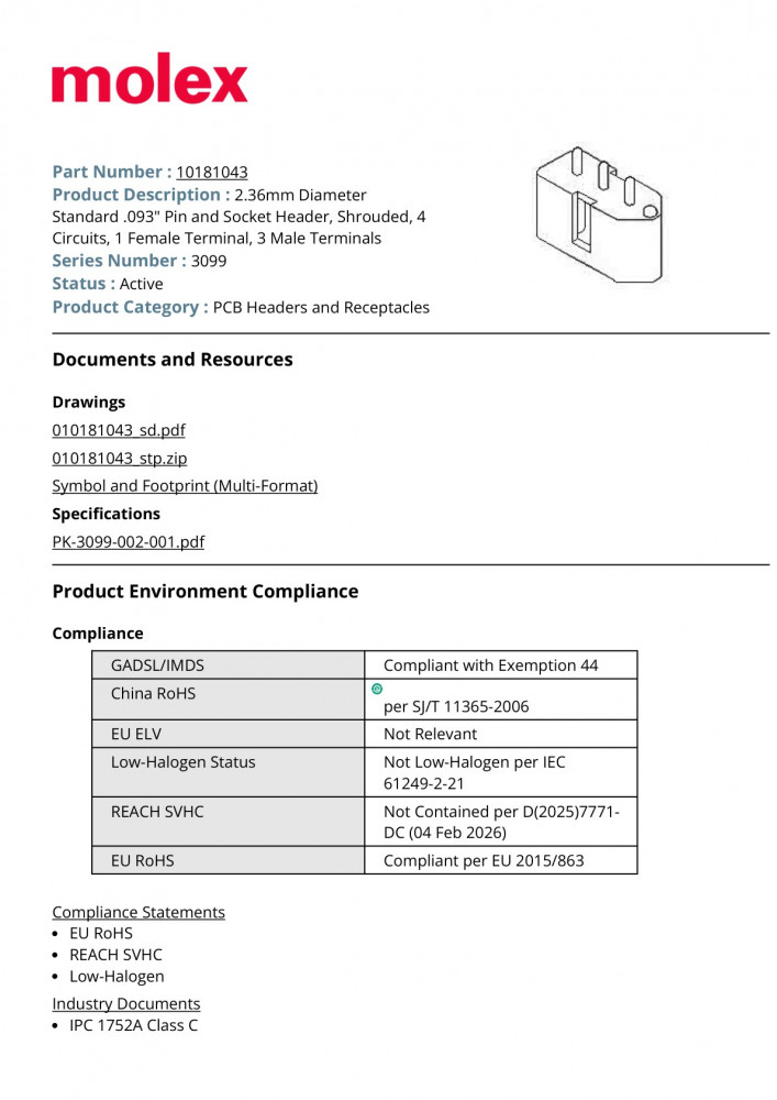 MOLEX 10181043 technical document page 1