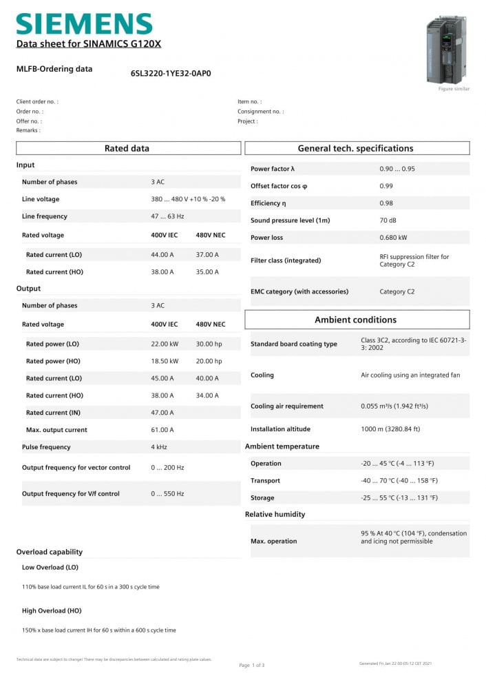 6SL32201YE320AP0 technical document page 1